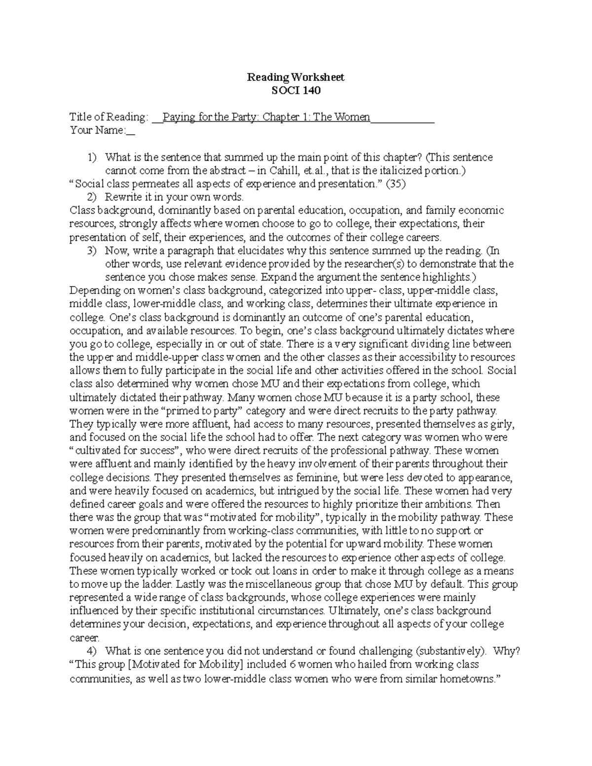 Chapter 1 reading worksheet - Reading Worksheet SOCI 140 Title of ...