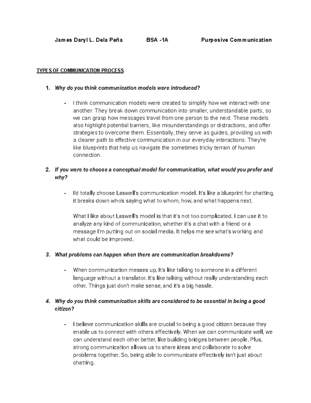 ( Types OF Communication Process) - James Daryl L. Dela Peña BSA -1A Purposive Communication ...