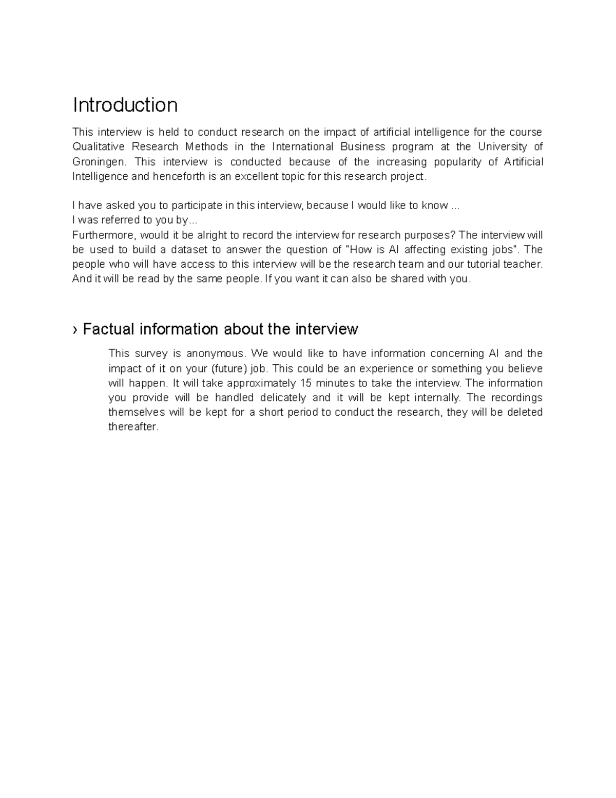 QRM interview guide - Introduction This interview is held to conduct research on the impact of ...