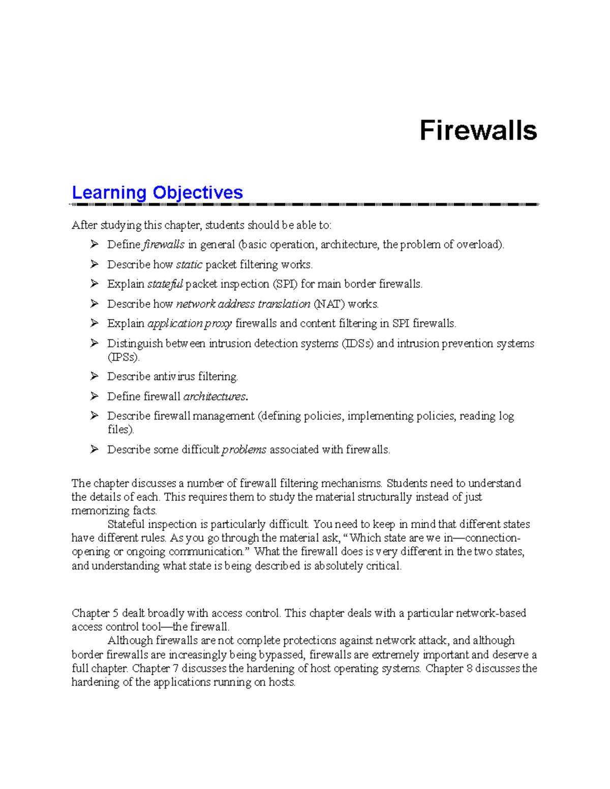 Ch 6 Summary - Lecture notes 1 - Firewalls Learning Objectives After ...