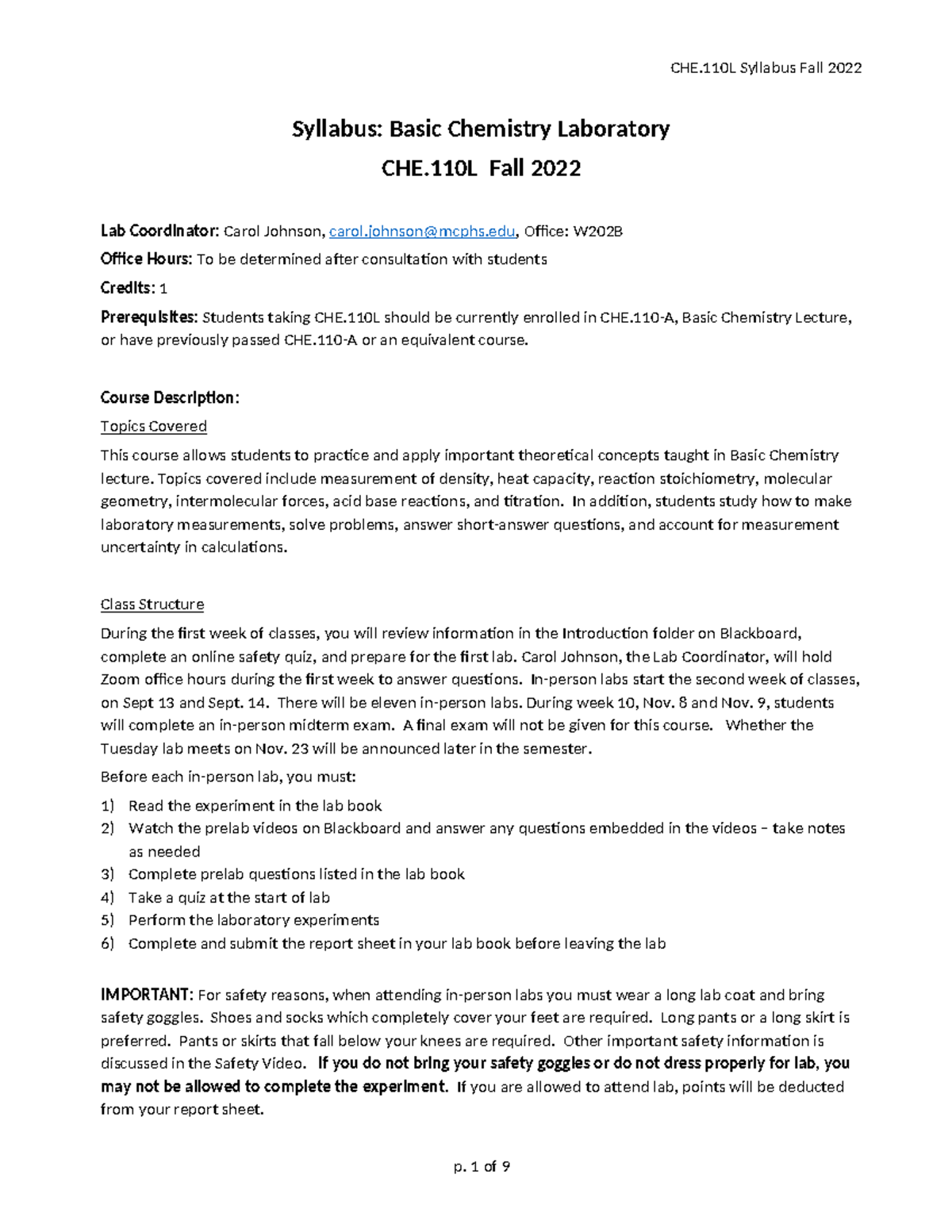 CHE110L Fall 2022 Johnson v3 - Syllabus: Basic Chemistry Laboratory CHE Fall 2022 Lab ...