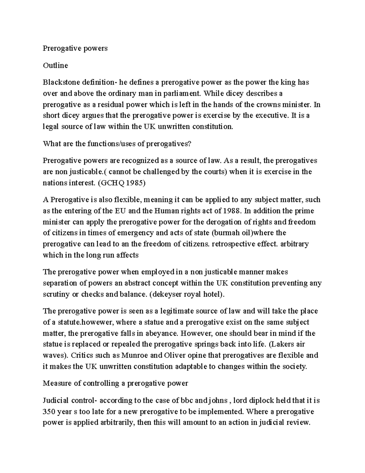 Public law notes - Prerogative powers Outline Blackstone definition- he ...