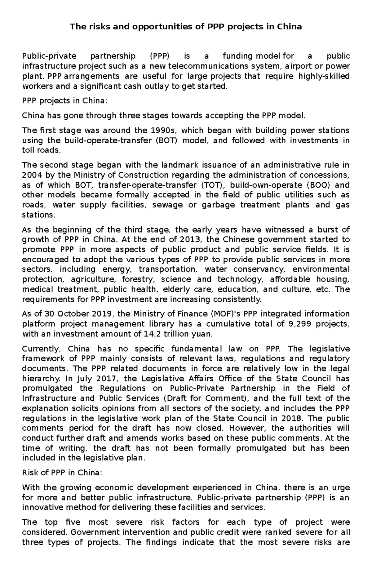 The risks and opportunities of PPP projects in China - The risks and ...