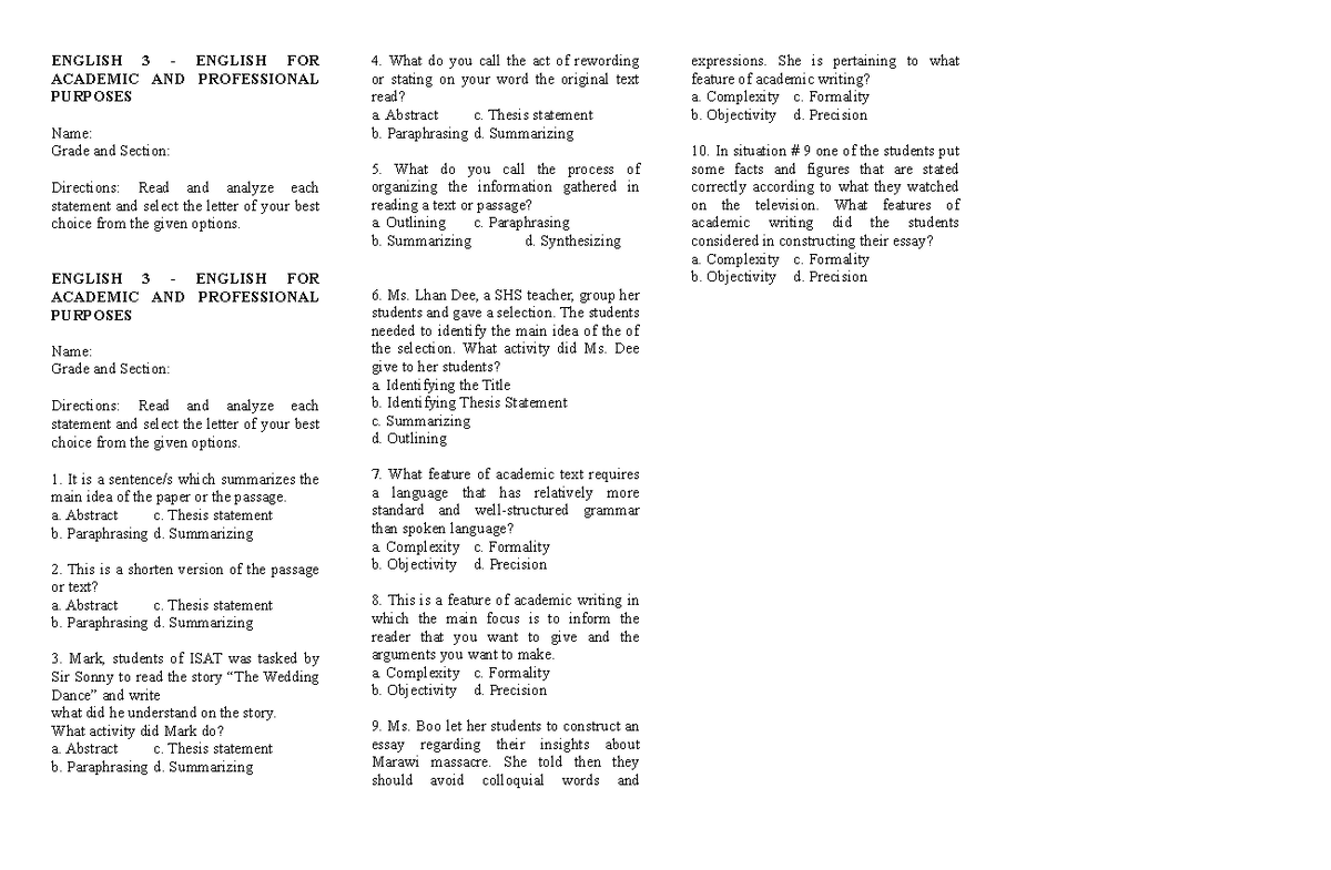 PRE-TEST - Pre-assessment - ENGLISH 3 - ENGLISH FOR ACADEMIC AND ...