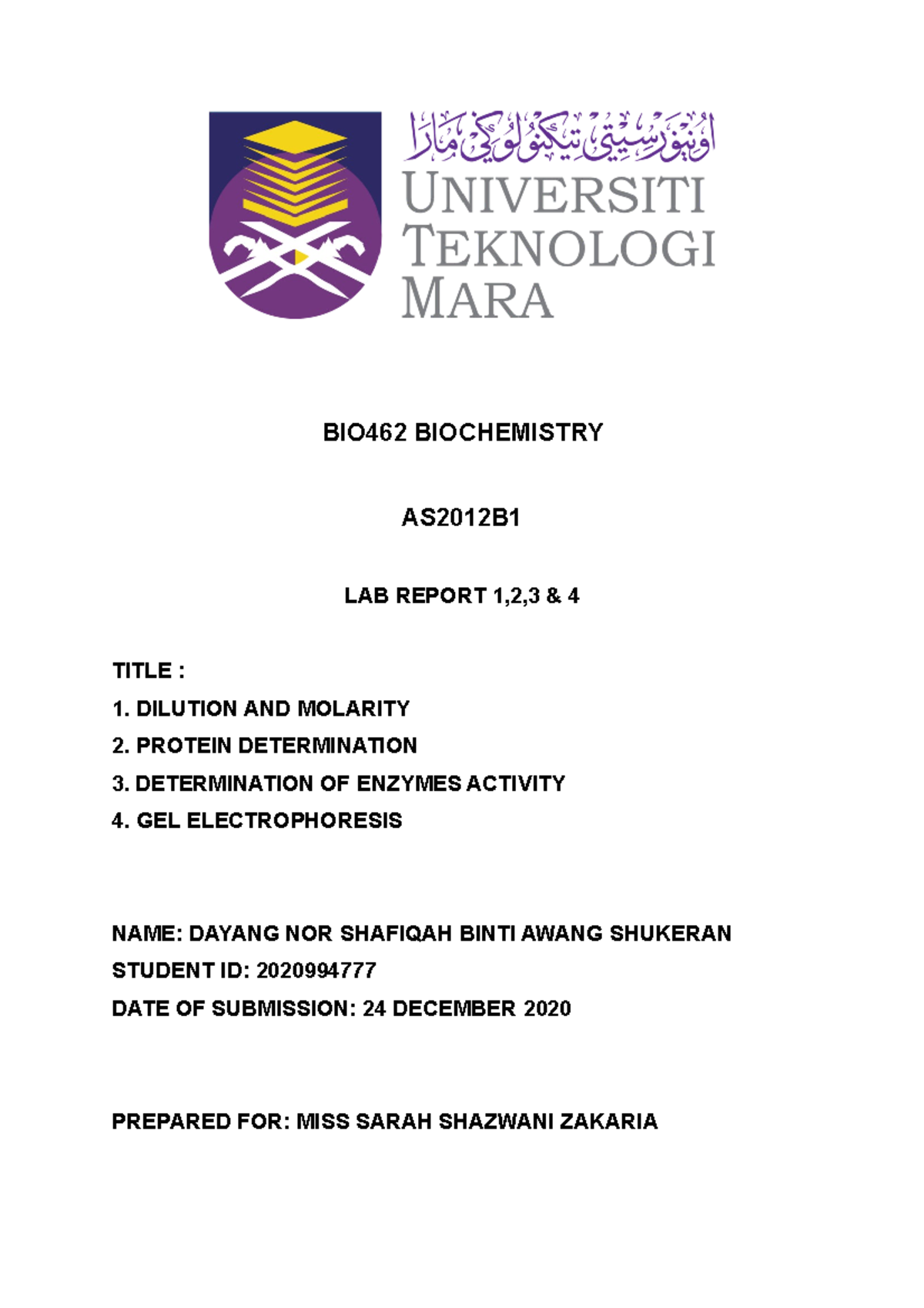 Compilation OF LAB 462 - BMS553 - BIO462 BIOCHEMISTRY AS2012B LAB ...