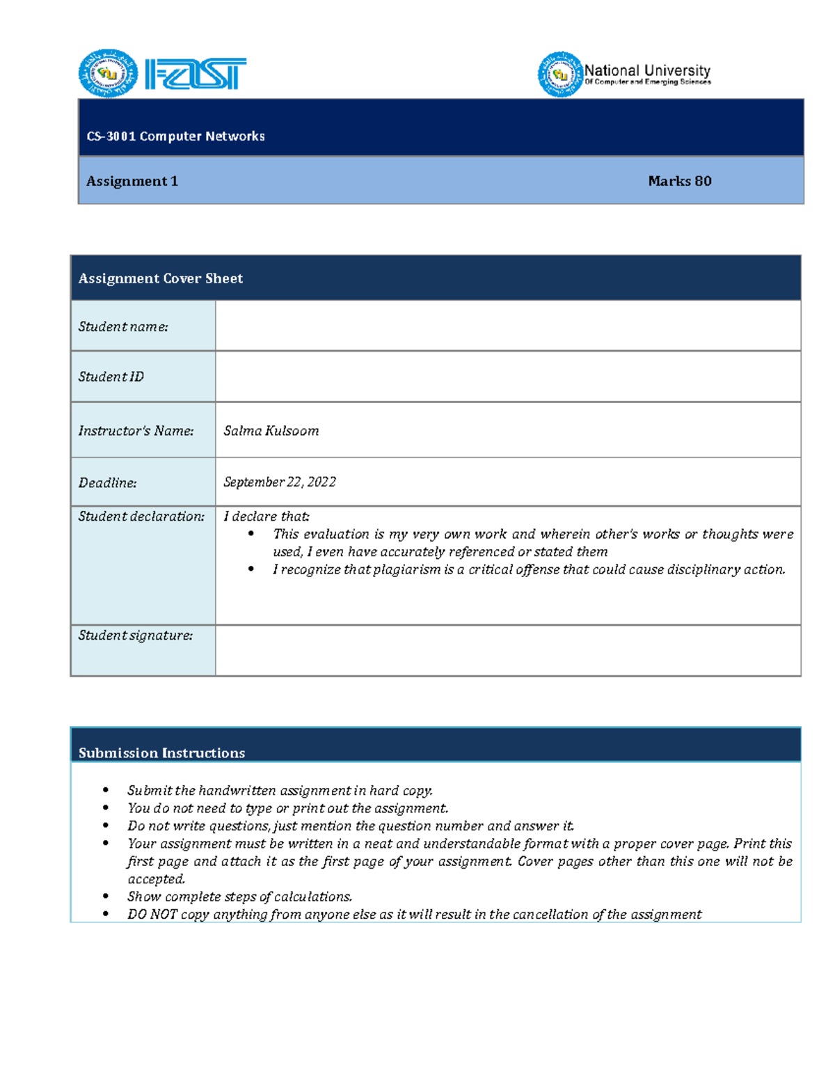 Computer Networks Assignment 1 - Student signature: Submission ...