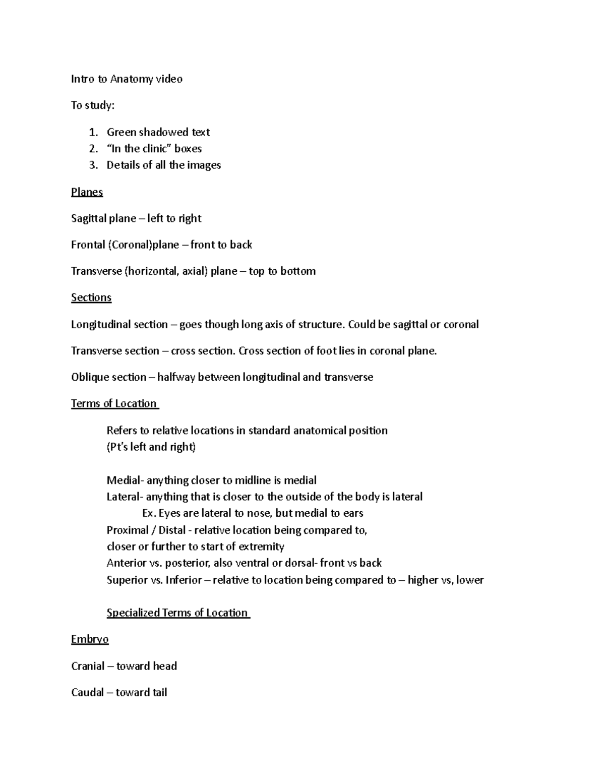 Introduction to Anatomy Video Notes - Intro to Anatomy video To study ...