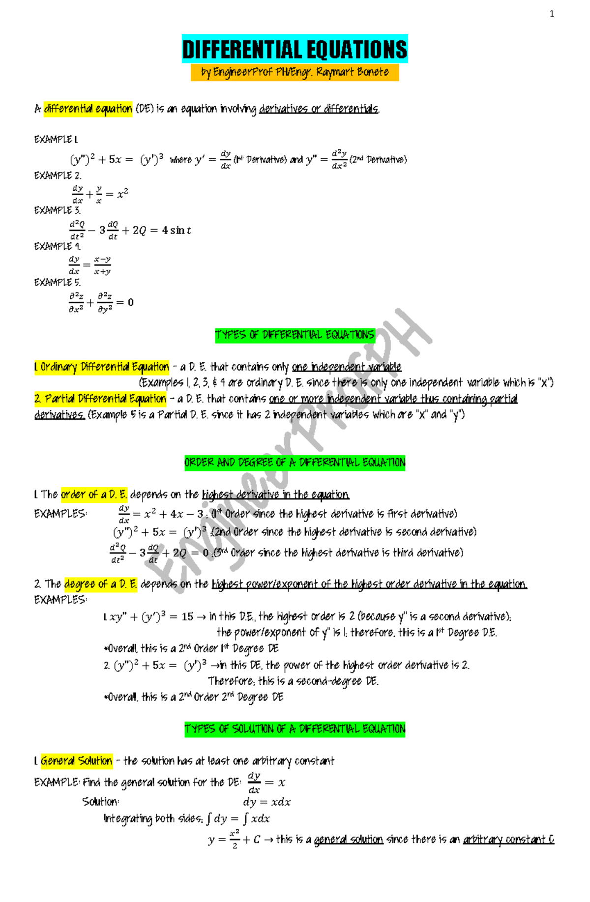 Differential equation Practice Materials - DIFFERENTIAL EQUATIONS by ...