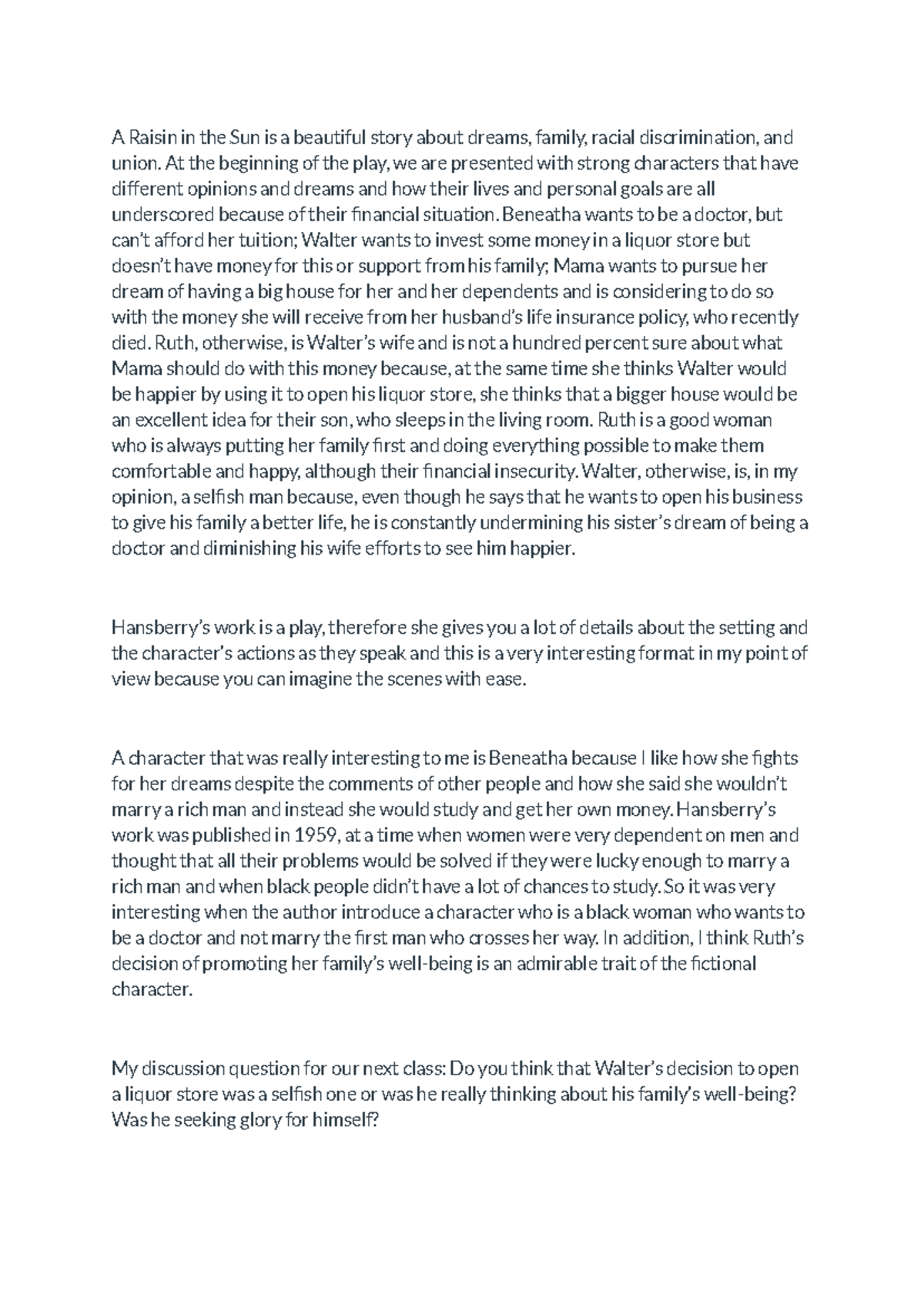 A Raisin In The Sun analysis - A Raisin in the Sun is a beautiful story ...