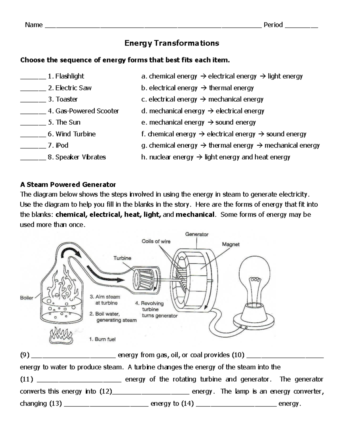 Energy Transformations Worksheet - Name