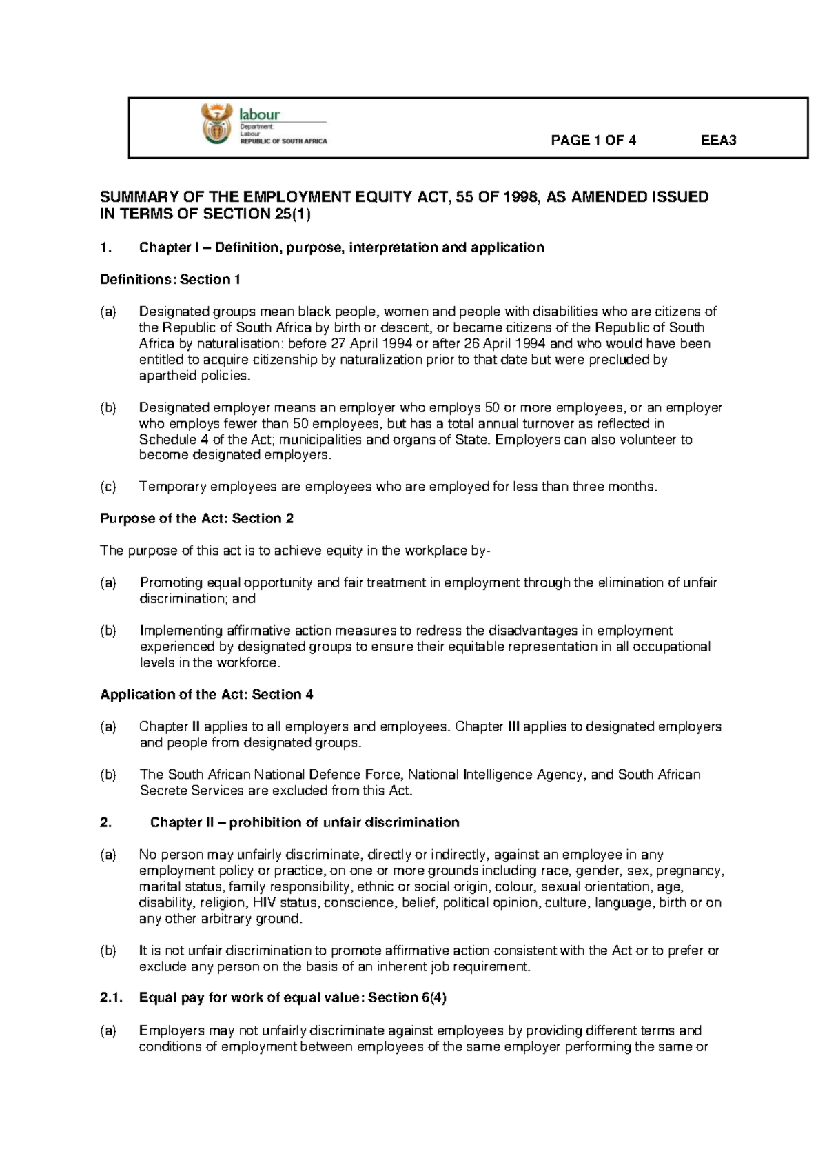 EEA 3 - Summary Labour Relations - SUMMARY OF THE EMPLOYMENT EQUITY ACT ...