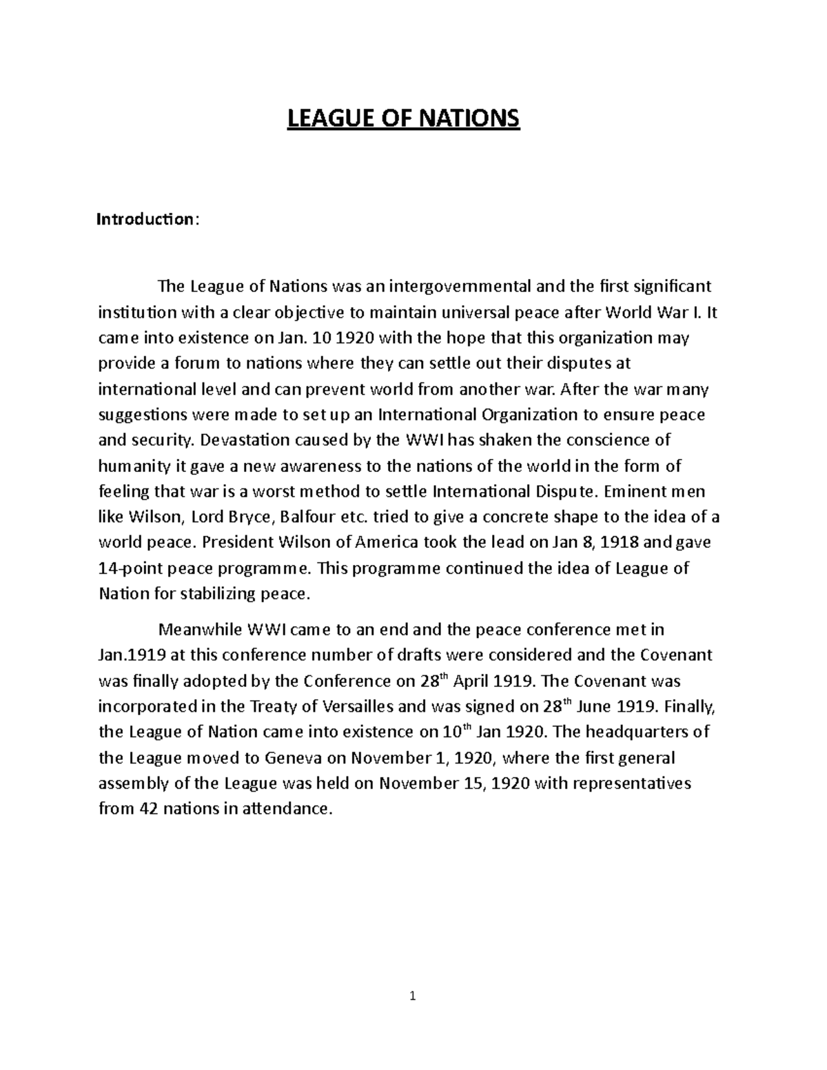 League of nations - Lecture notes 5-6 - LEAGUE OF NATIONS Introduction ...