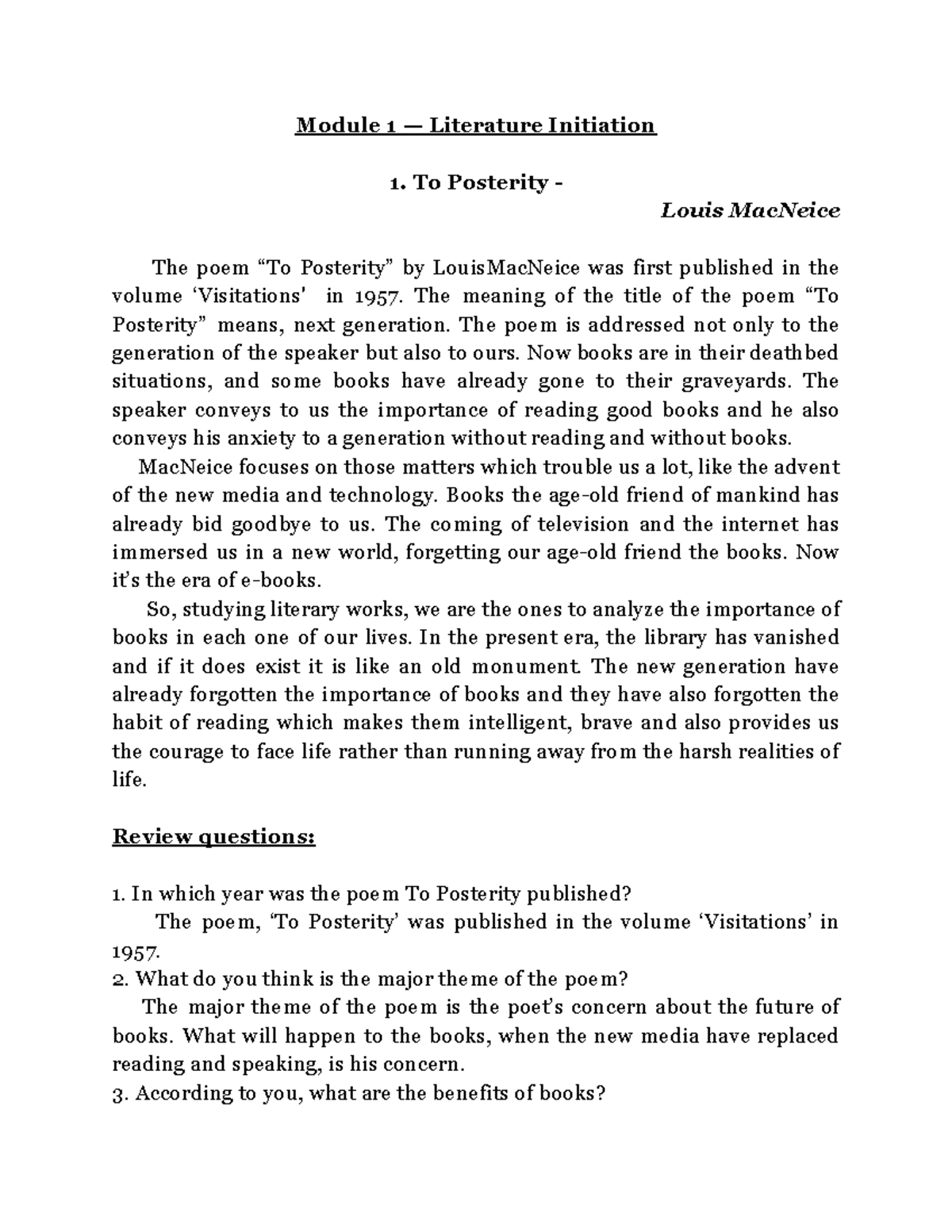 English - ....... - Module 1 — Literature Initiation 1. To Posterity ...
