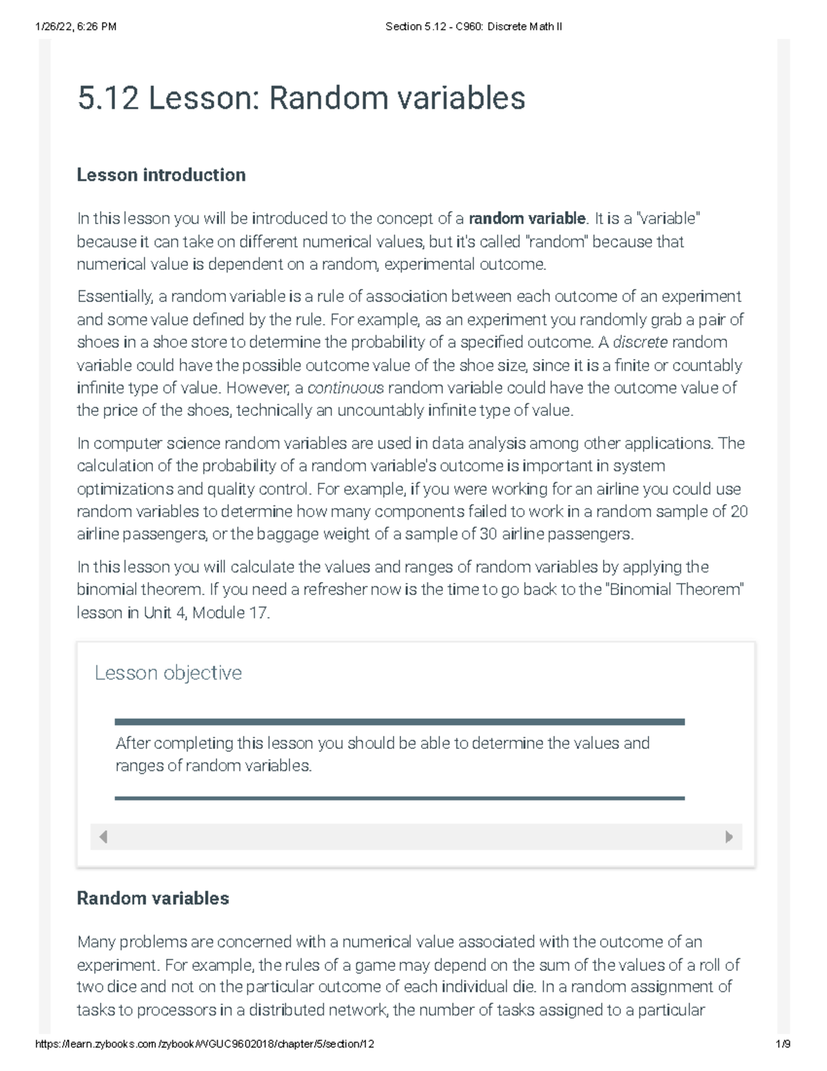 Section 5.12 - C960 Discrete Math II - 5 Lesson: Random variables Lesson introduction In this ...