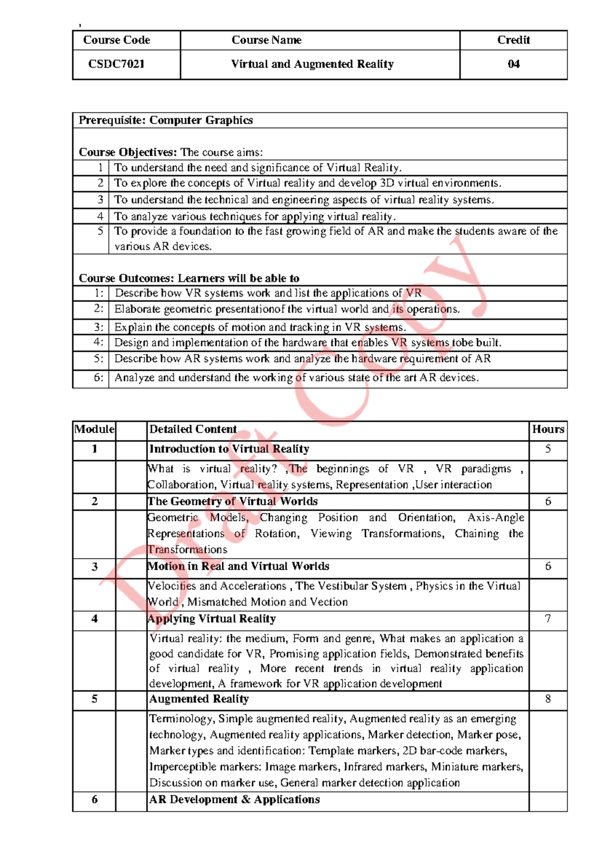 AVR Syllabus - , Course Code Course Name Credit CSDC7021 Virtual and ...