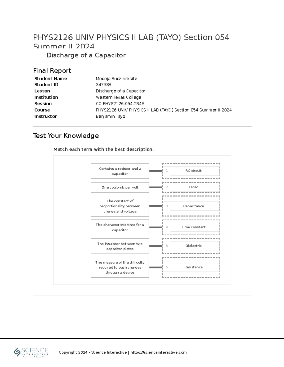 PHYS2126 Univ physics ii lab Discharge of a Capacitor - Student Name ...