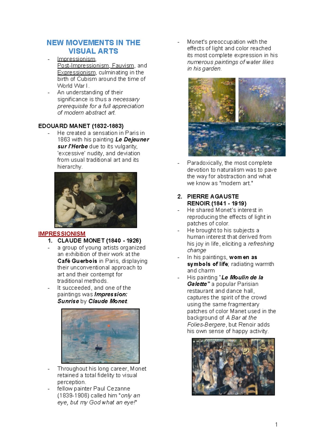 ART APP Handouts - NEW MOVEMENTS IN THE VISUAL ARTS Impressionism, Post ...