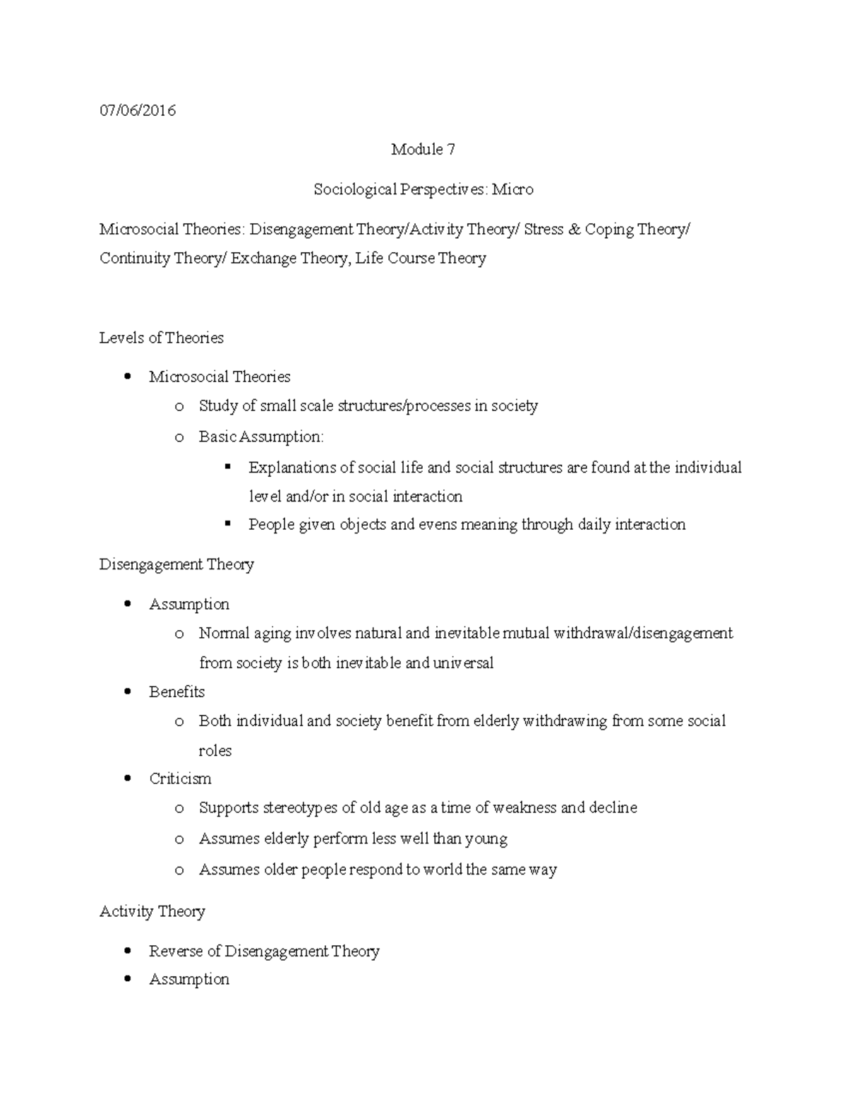 Module 7 Notes - Sociological Perspectives: Micro. Levels of Theories ...