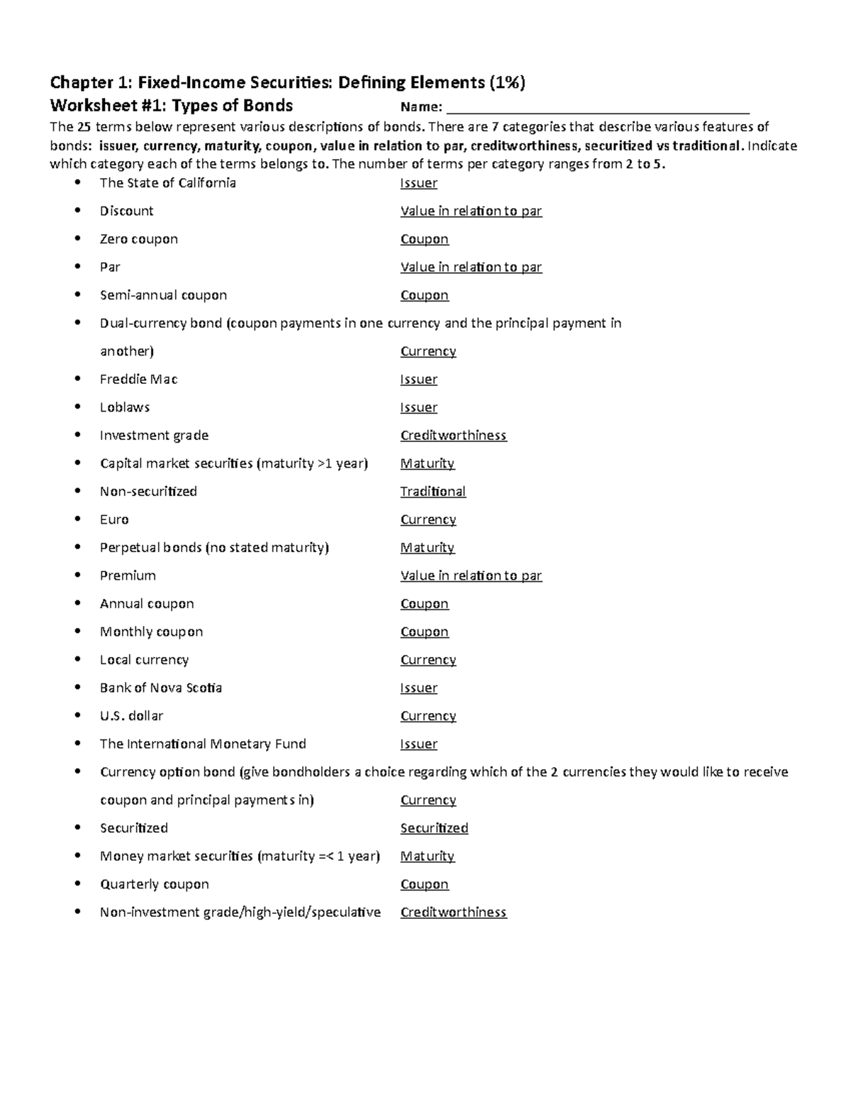 Chapter 1a Worksheet Type of Bonds answers - Chapter 1: Fixed-Income ...