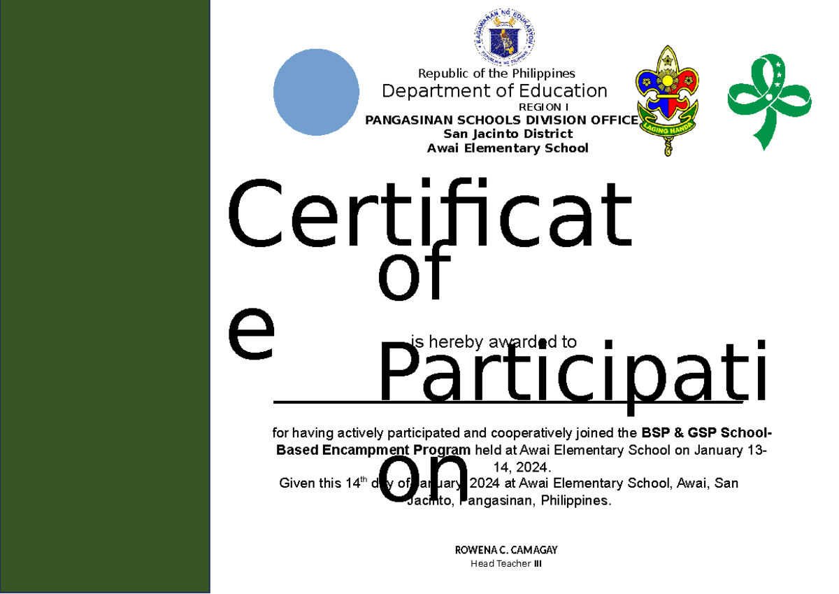 Bsp cert - Republic of the Philippines Department of Education ####### REGION I PANGASINAN ...