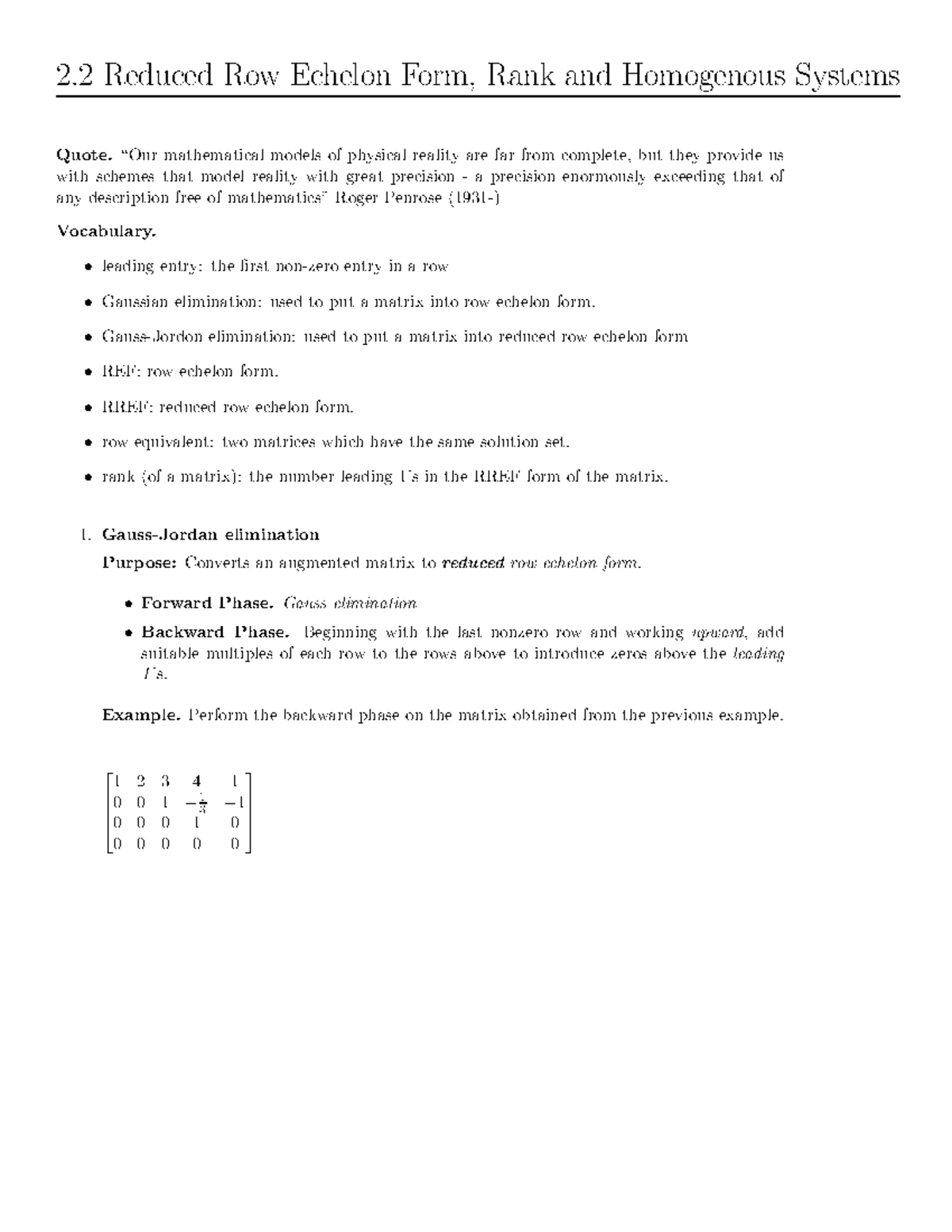 Sec 2.2 RREF rank homogeneous - 2 Reduced Row Echelon Form, Rank and ...