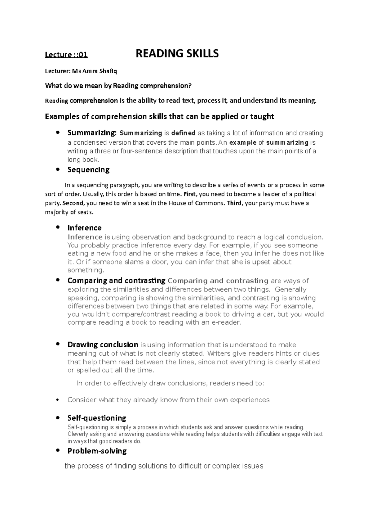 Reading skills - Lecture ::01 READING SKILLS Lecturer: Ms Amra ShafIq ...