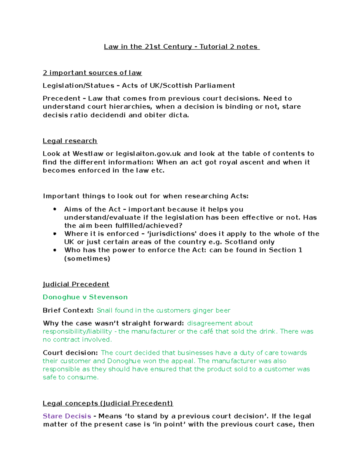 Law tutorial 2 - Law in the 21st Century - Tutorial 2 notes 2 important ...