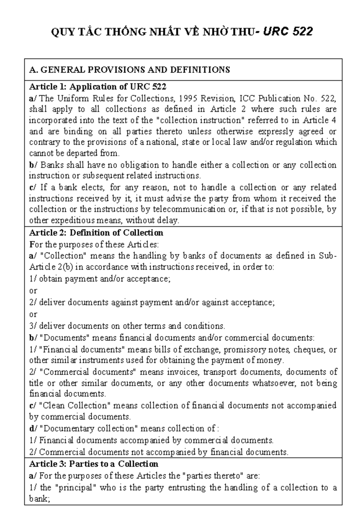 P1 20- 20URC 2052 - QUY TẮC THỐNG NHẤT VỀ NHỜ THU- URC 522 A. GENERAL PROVISIONS AND DEFINITIONS ...