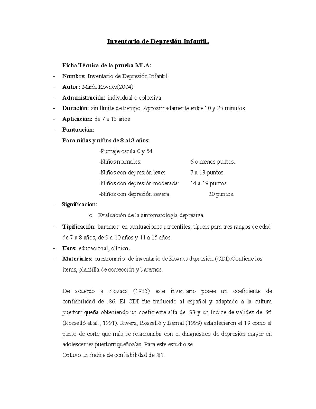 CDI - Guia completa y Cuestionario - Inventario de Depresión Infantil. Ficha Técnica de la ...