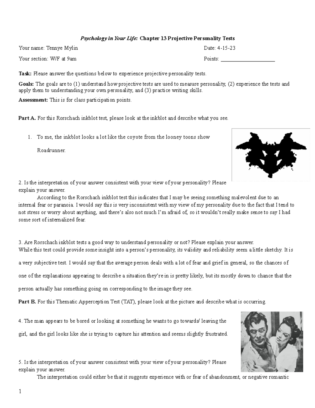 Ch. 13 Active Learning - Personality Activities, Projective Tests ...