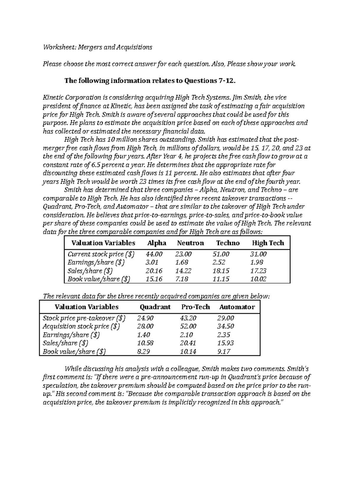 Solution Class assignment Mergers Acquisitions Solution set 2 Q1 ...