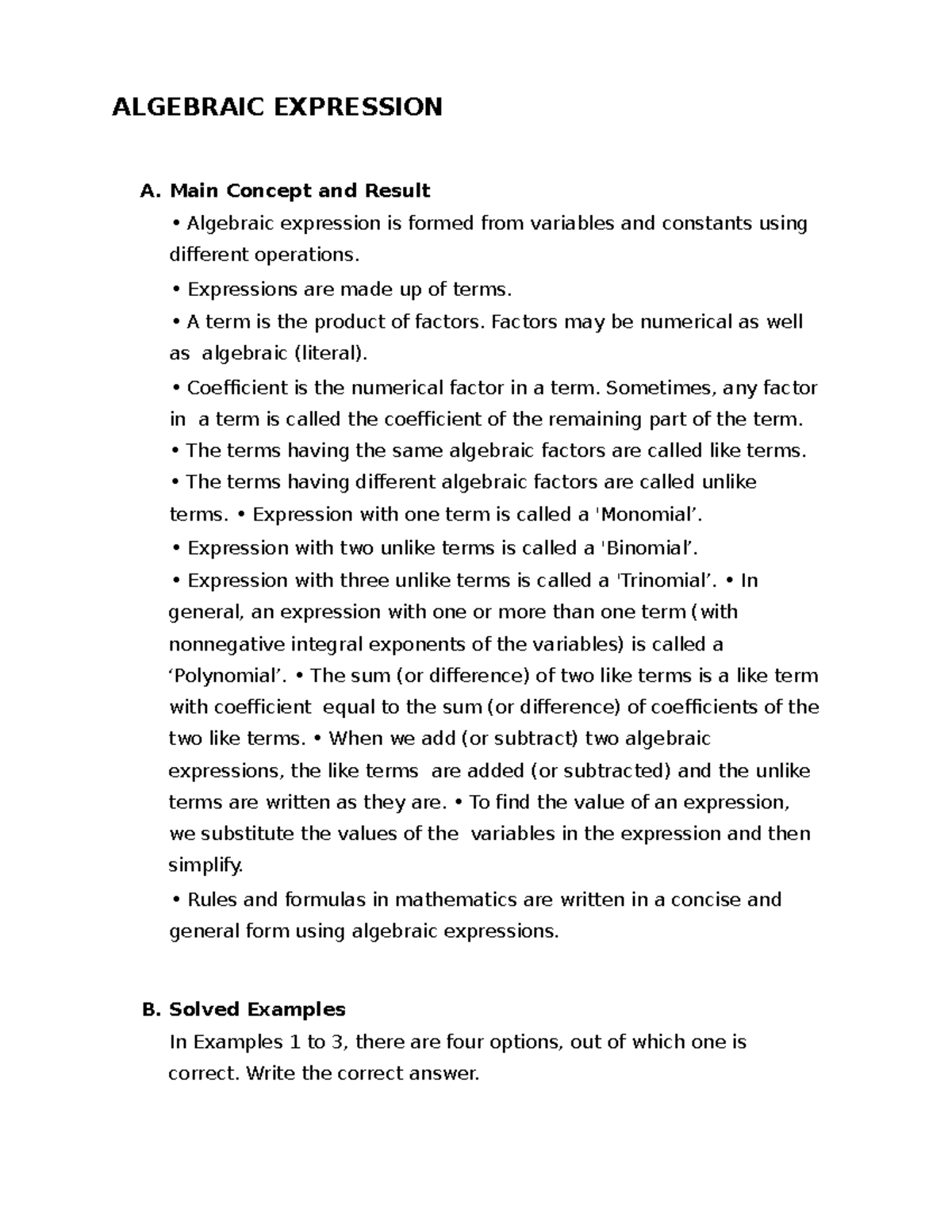 Algebraic Expression - ALGEBRAIC EXPRESSION A. Main Concept and Result ...