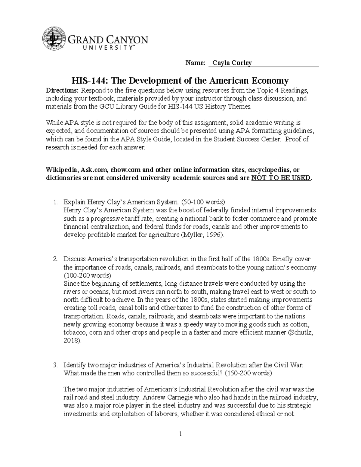 HIS 144 Development of the American Economy Worksheet guide and ...