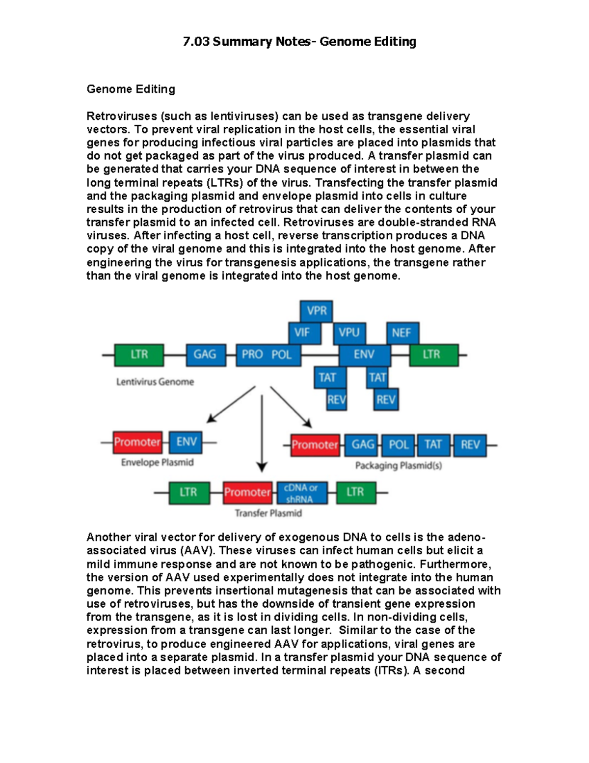 7.03 Summary Notes- Genome Editing - Genome Editing Retroviruses (such ...