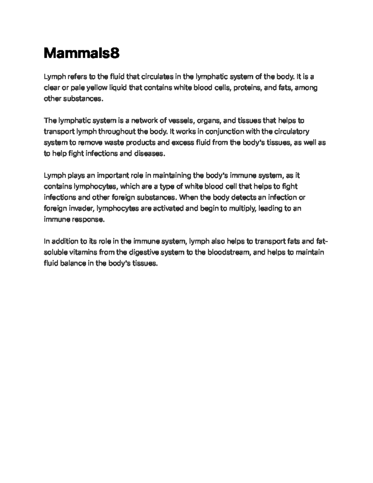 Mammals 8 - Notes - Ma m m a l s 8 Lymph refers to the fluid that ...