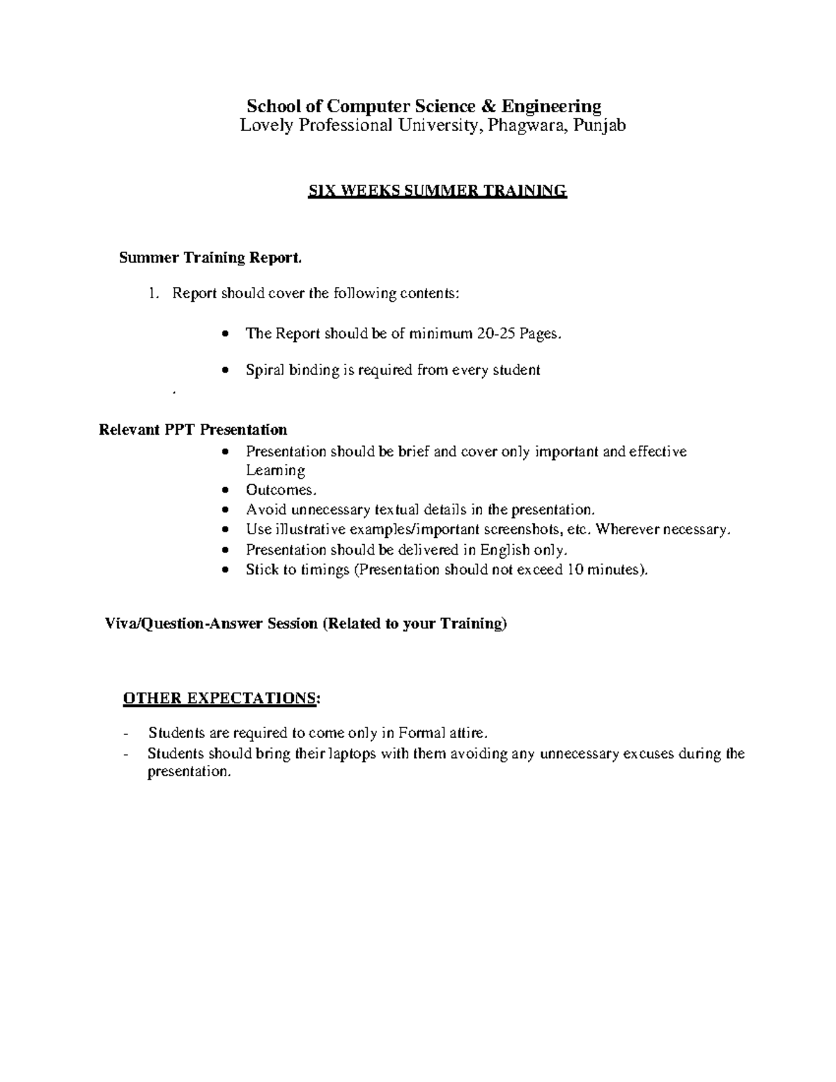 Format Of Six Weeks Training Report 2023 School Of Computer Science