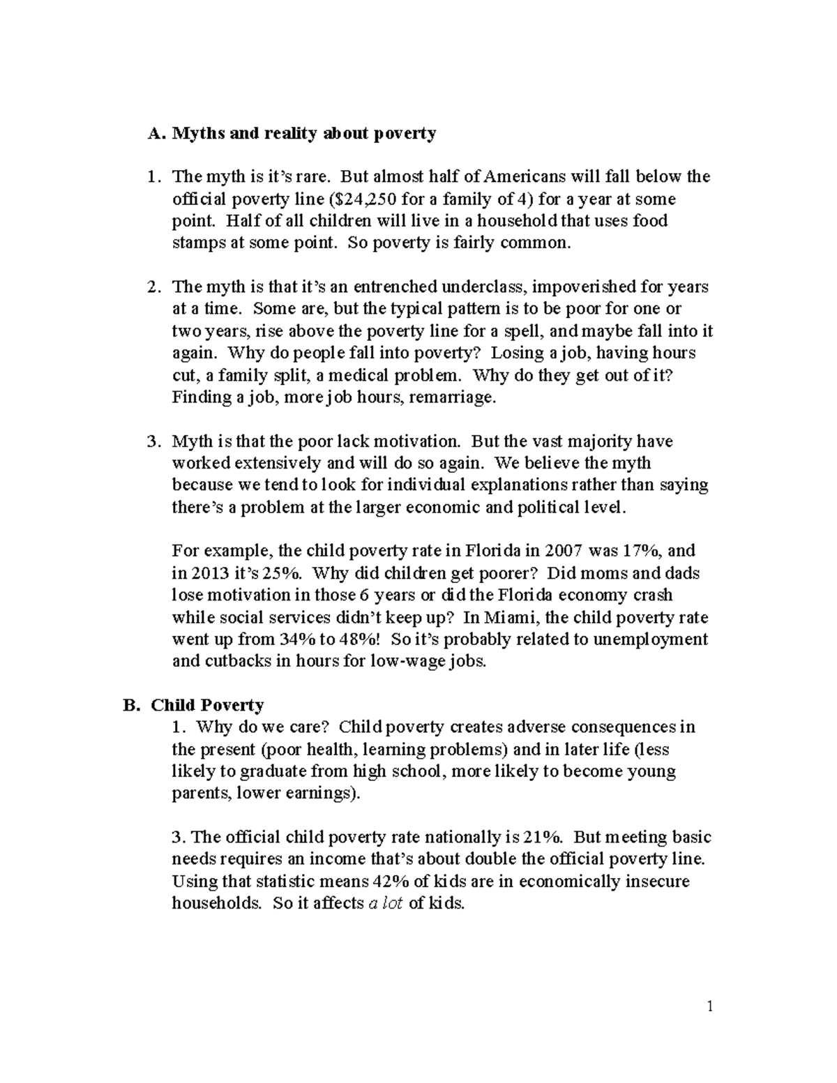 1 Handout Child Poverty and Welfare - A. Myths and reality about ...