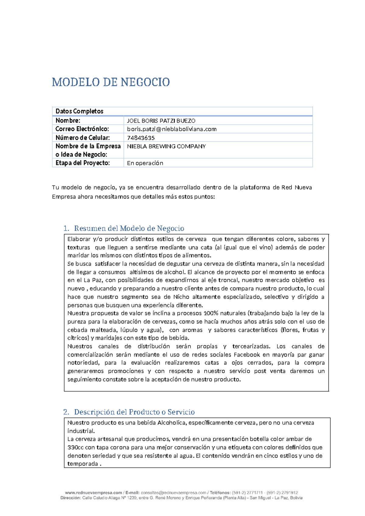 Modelo DE Negocio NBC - MODELO DE NEGOCIO Datos Completos Nombre: JOEL ...