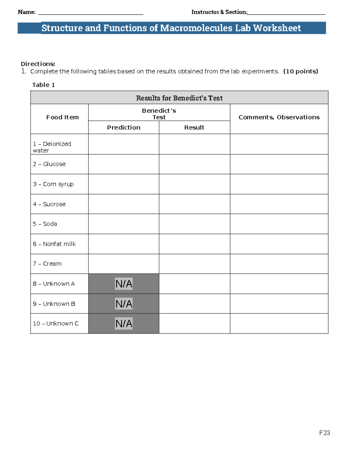 F23 Macromolecules worksheet - Structure and Functions of ...