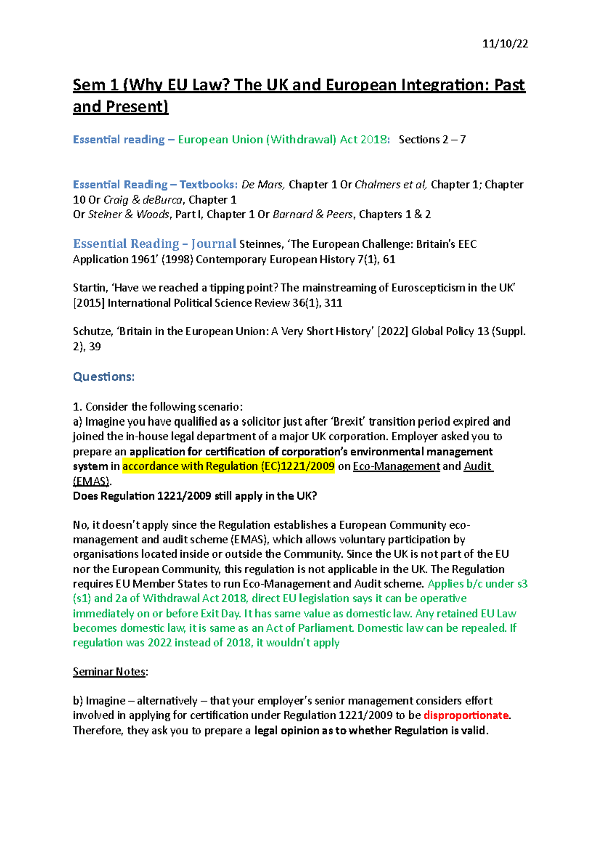 Sem 1 prep and answers (Why EU Law The UK and European Integration ...