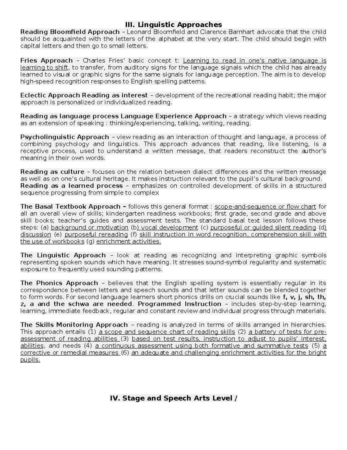 English overview - III. Linguistic Approaches Reading Bloomfield ...