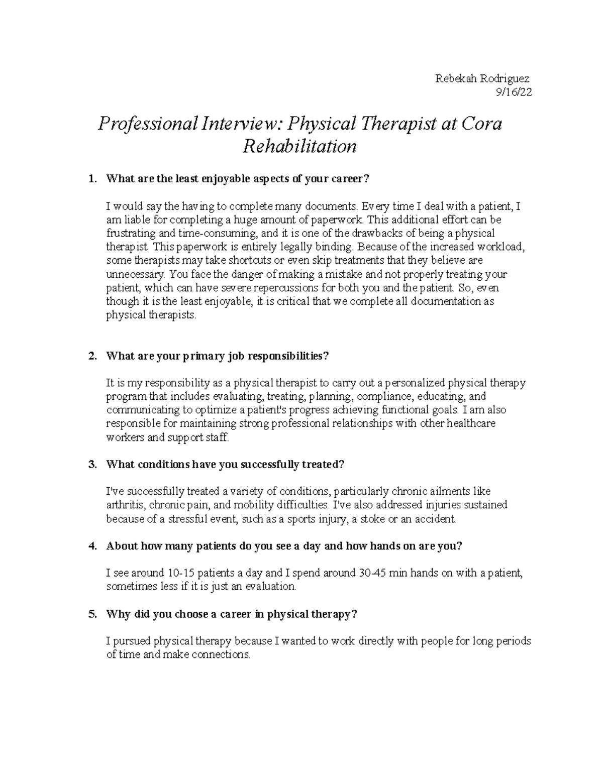 Professional Interview - Rebekah Rodriguez 9/16/ Professional Interview ...