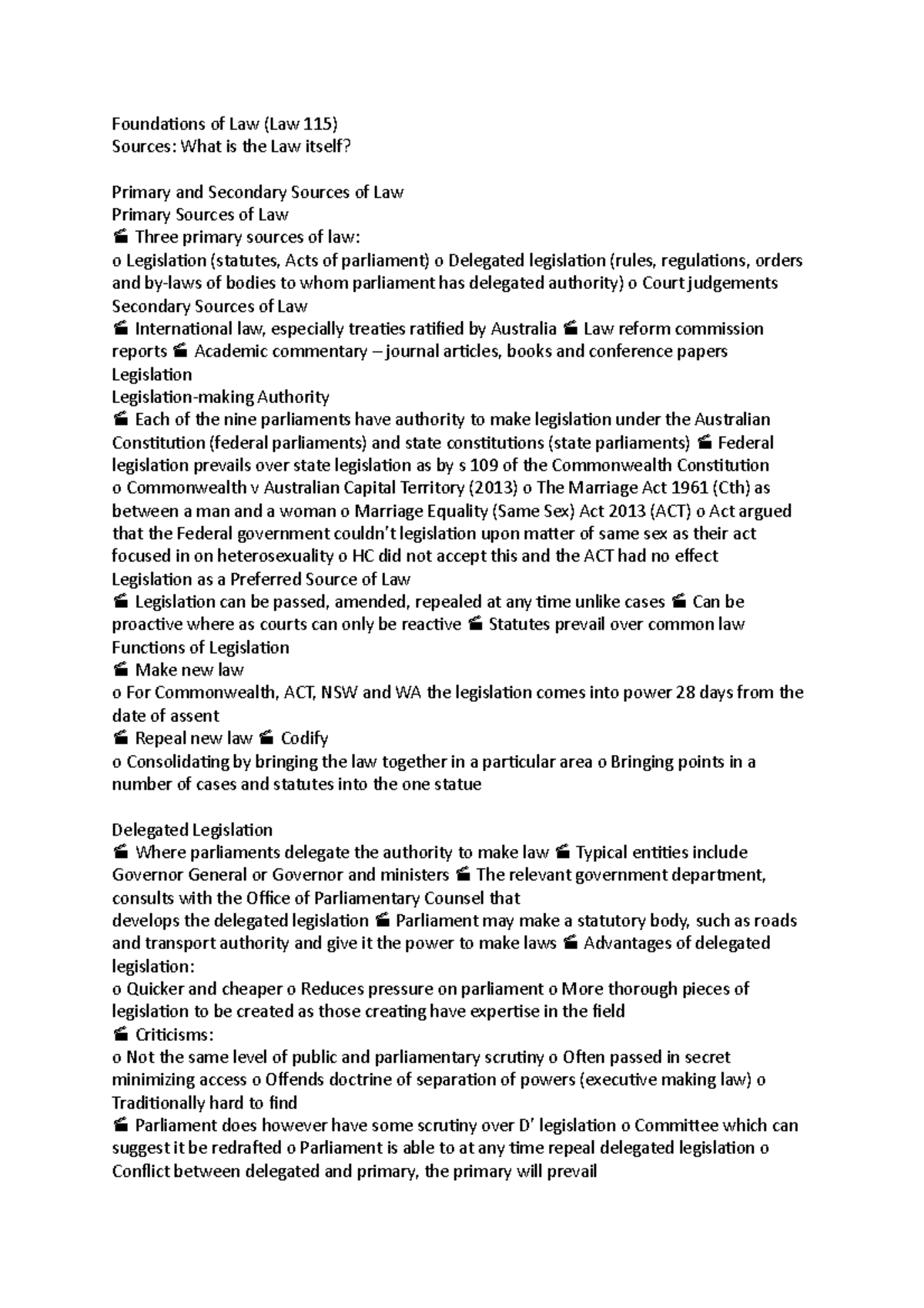 Foundations of Law Notes - Foundations of Law (Law 115) Sources: What ...