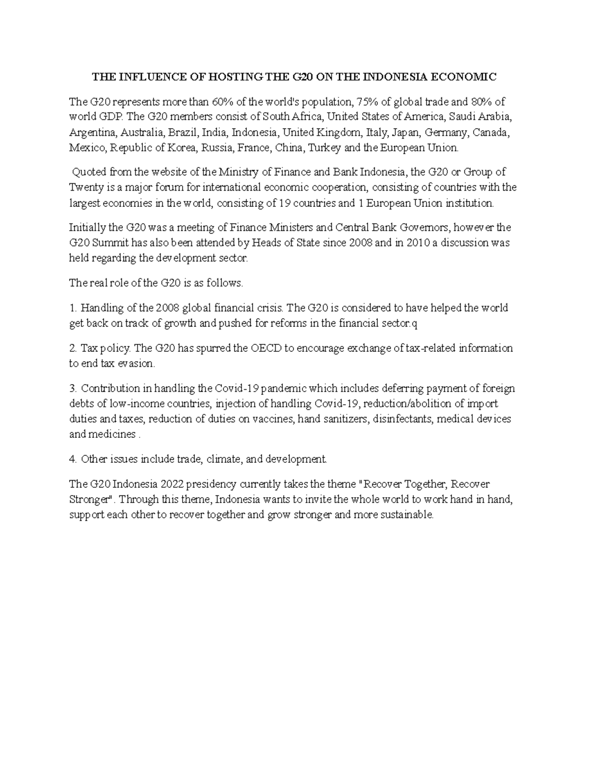 The Influence of Hosting the G20 on the Indonesian Economic - THE ...