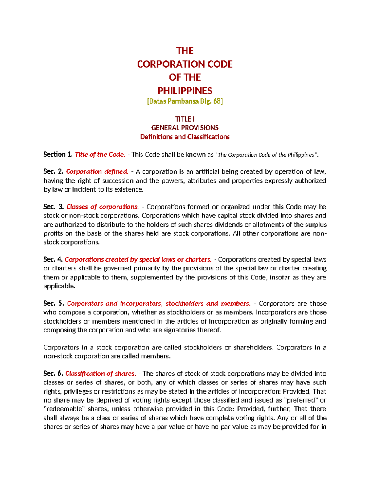 Corporation Code of the Philippines - THE CORPORATION CODE OF THE PHILIPPINES [Batas Pambansa ...