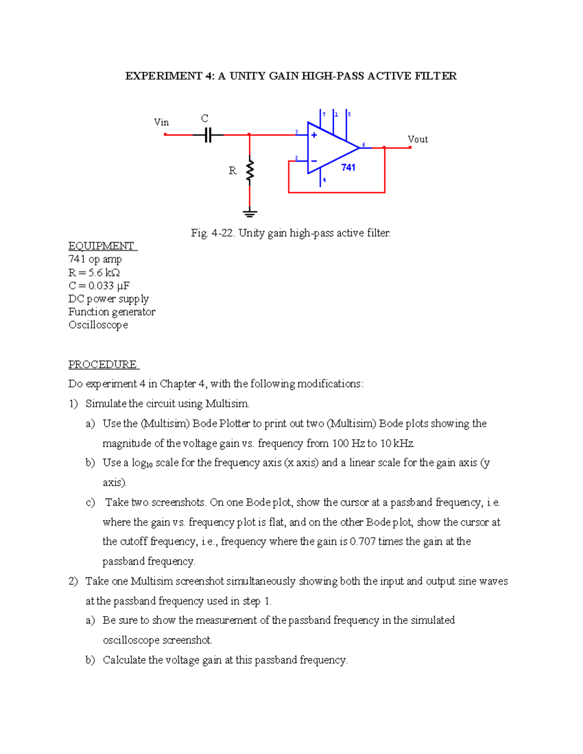 Experiment 4 Final Spring 24 - EXPERIMENT 4: A UNITY GAIN HIGH-PASS ...