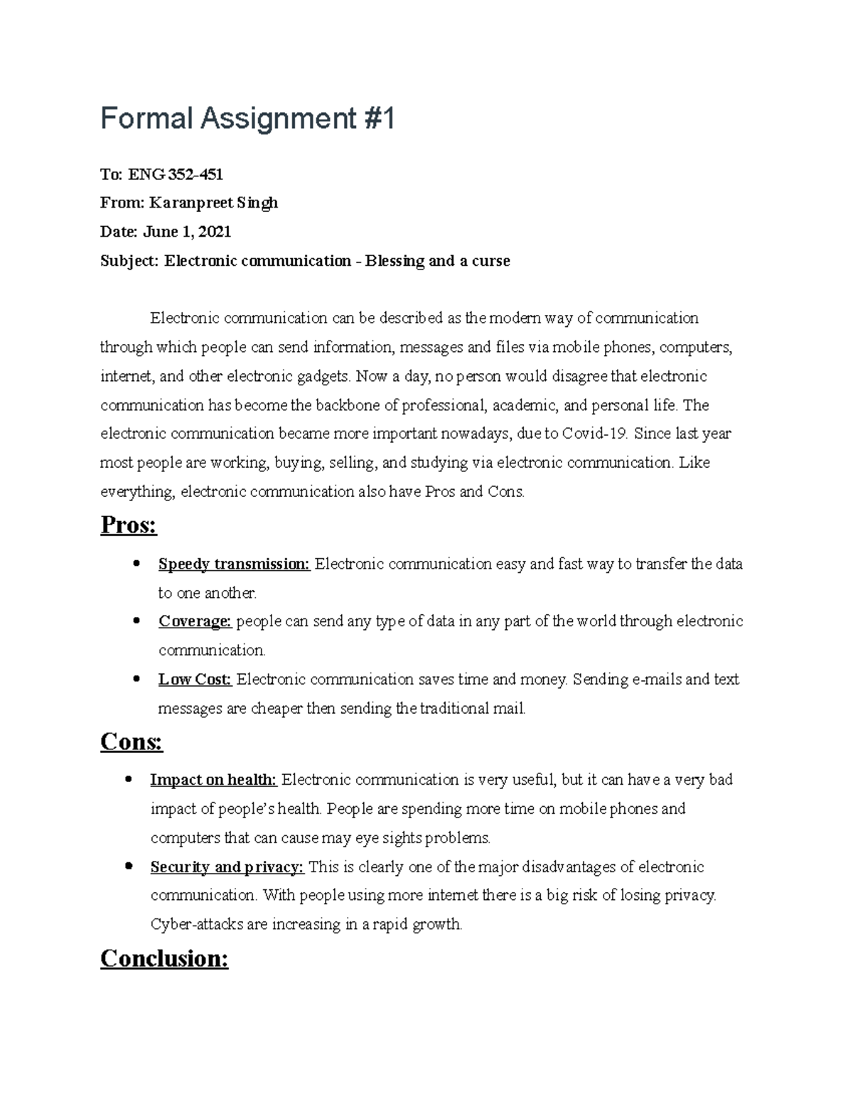 Formal Assignment 1 - Formal Assignment To: ENG 352- From: Karanpreet ...