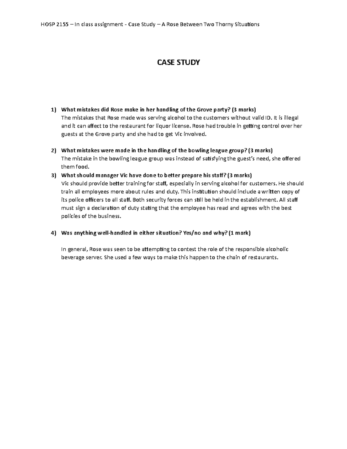 Beverage management case study - HOSP 2155 – In class assignment - Case ...