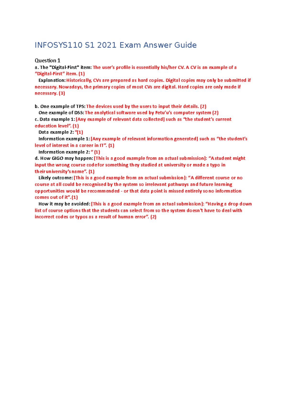 Infosys 110 S1 2021 Exam Answer Guide - INFOSYS110 S1 2021 Exam Answer ...