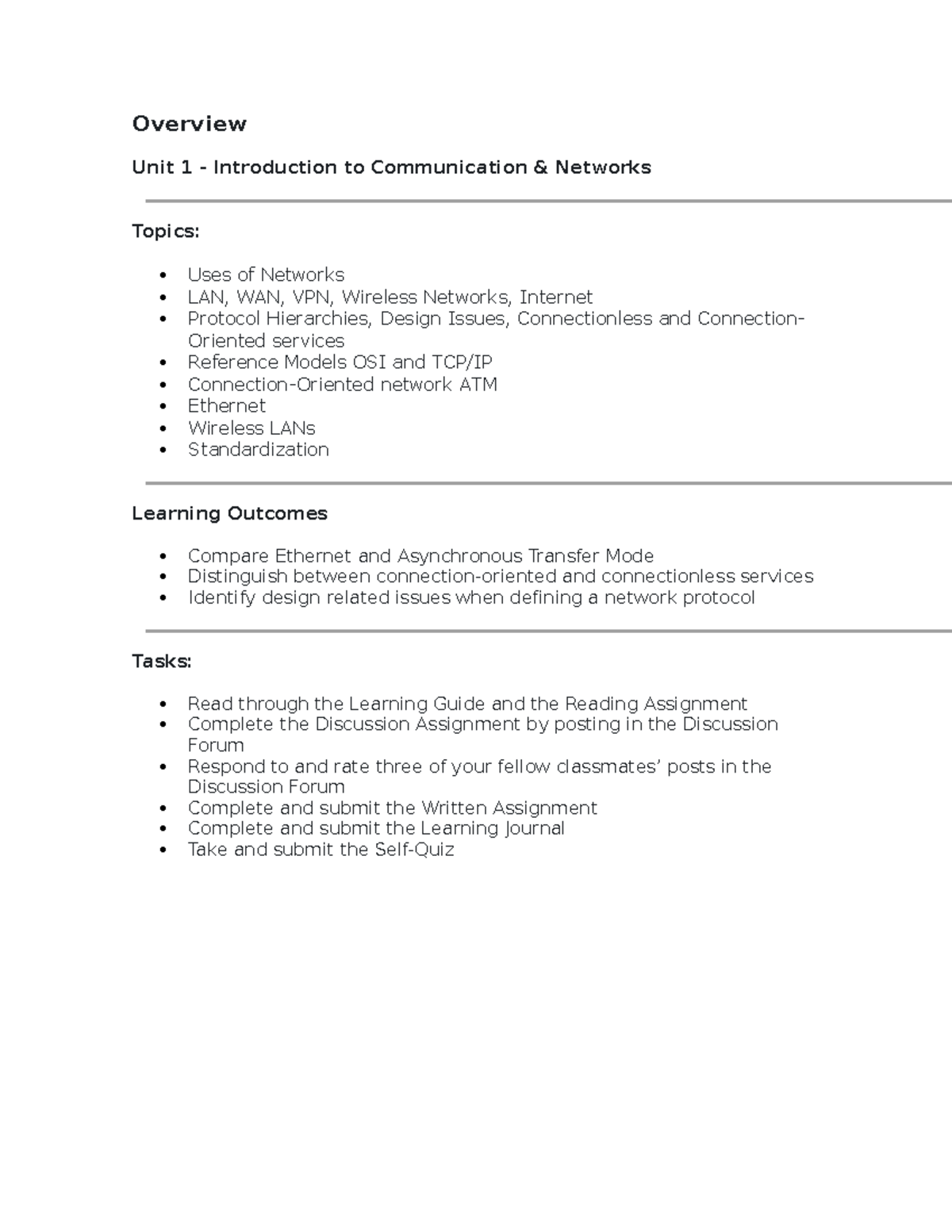 Overview of the content - Overview Unit 1 - Introduction to Communication & Networks Topics ...